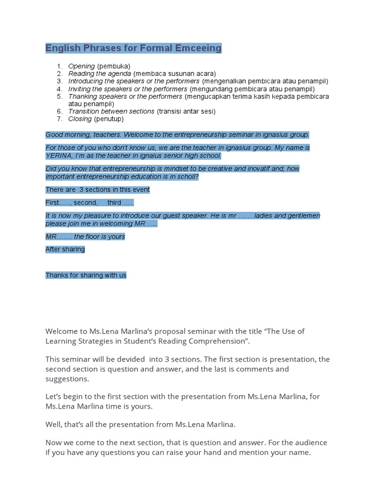 Emceeing Phrases for Formal Events | PDF | Cognition | Learning