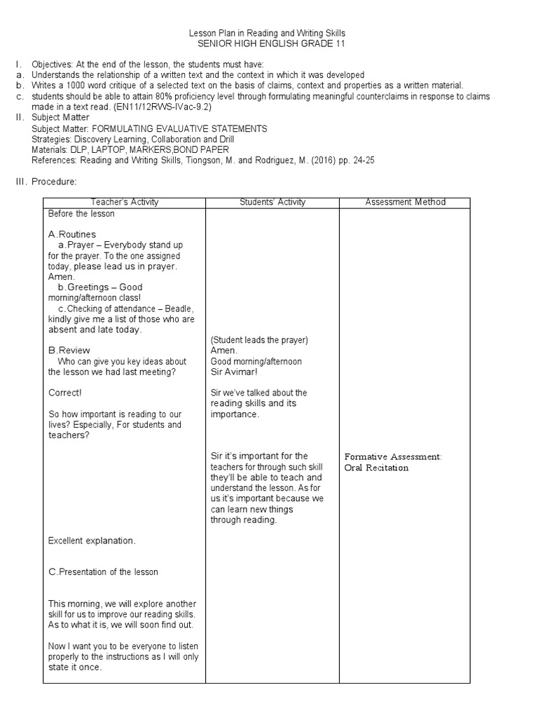 Lesson Plan: Reading & Writing Skills | PDF | Lesson Plan | Cognitive ...