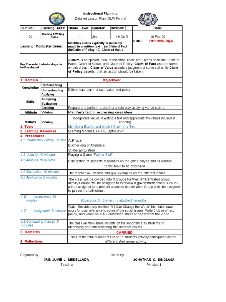 DLP Reading Amp Writing Feb 17 Co1 | PDF | Learning | Lesson Plan