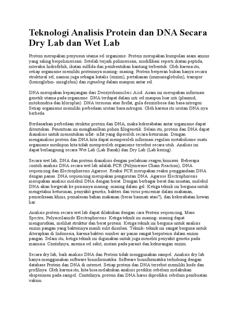 Teknologi Analisis Protein Dan DNA Secara Dry Lab Dan Wet Lab | PDF