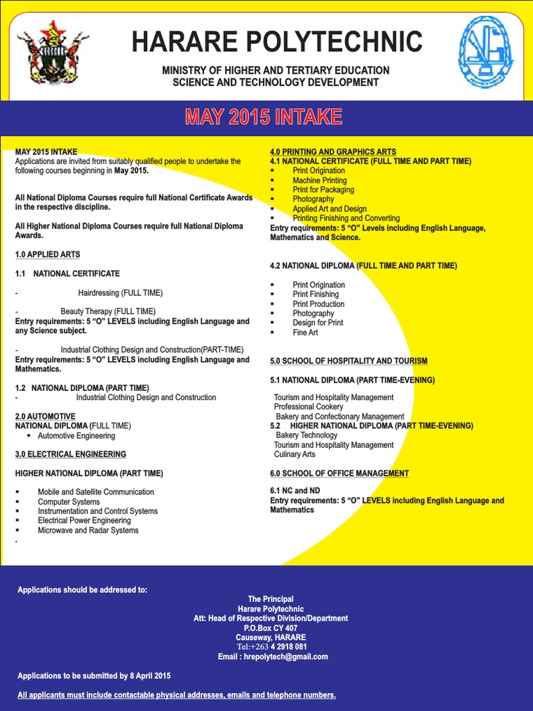 Harare Polytechnic: May 2015 Intake May 2015 Intake | PDF | Diploma ...