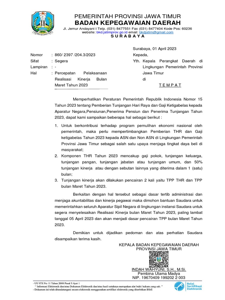 Surat Percepatan Pelaksanaan Realisasi Kinerja Bulan Maret 2023 | PDF