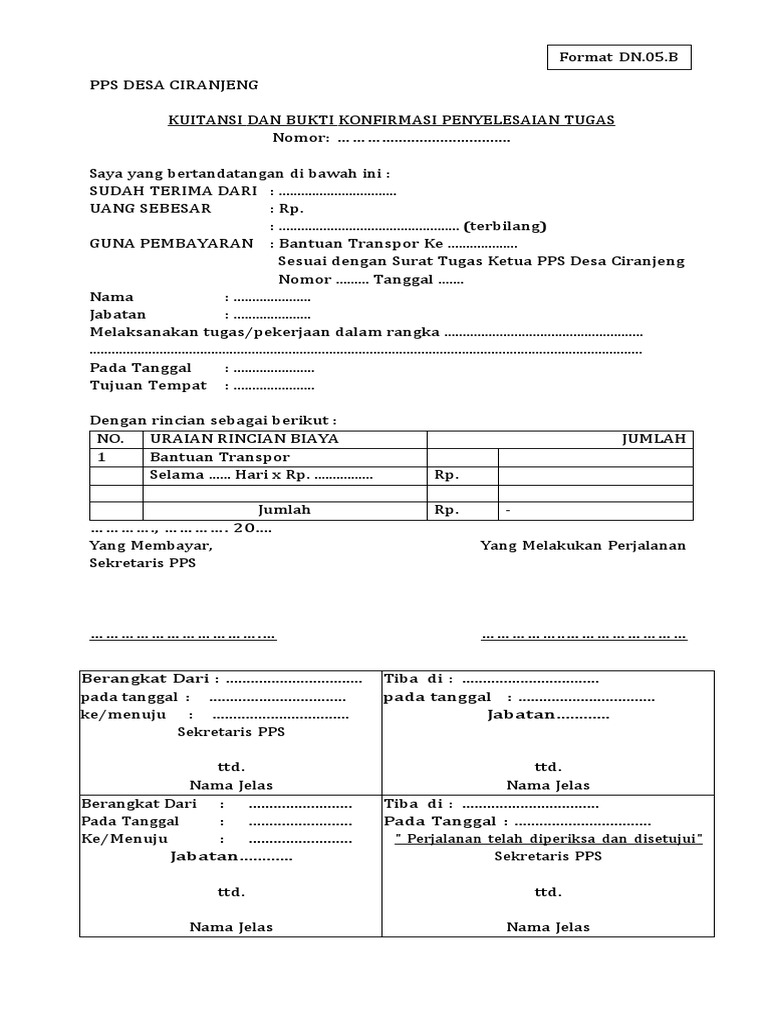 Format DN.05.B Kuitansi Dan Bukti Konfirmasi Penyelesaian Tugas | PDF