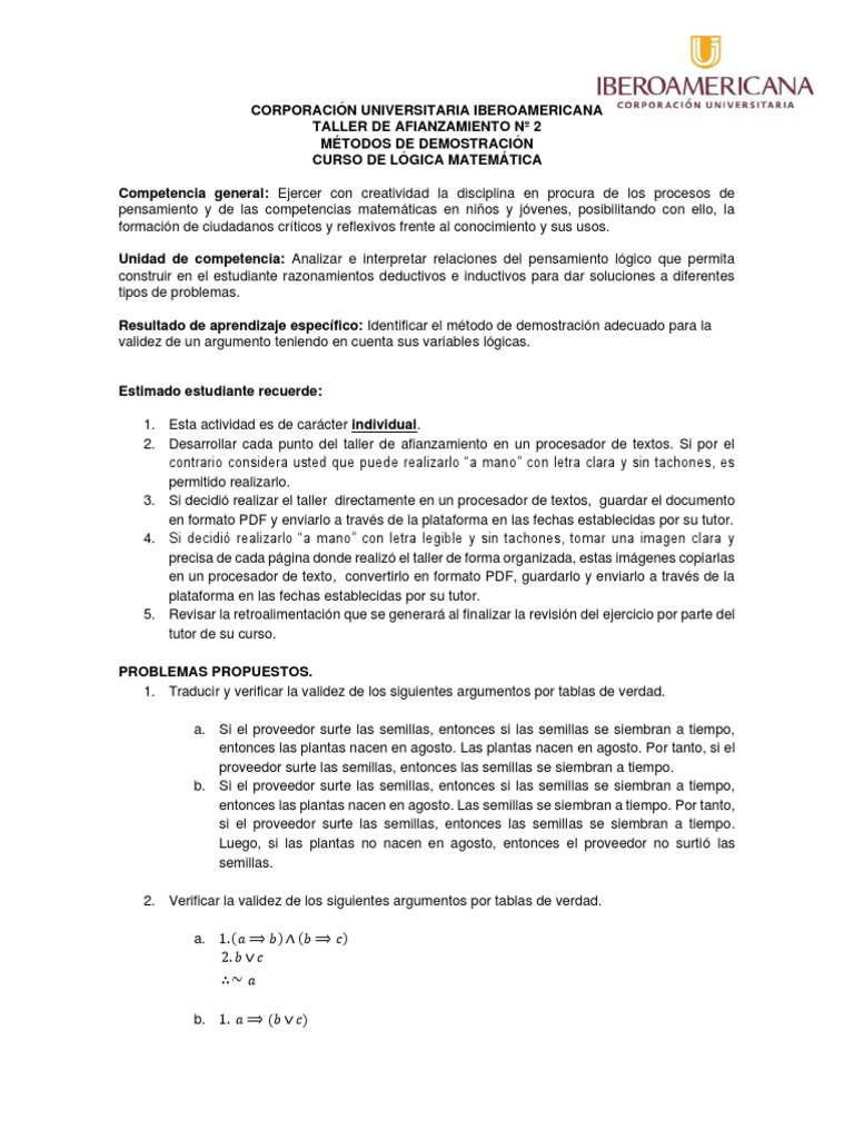 Taller 2 - Metodos de Demostración | PDF | Prueba matemática | Pensamiento