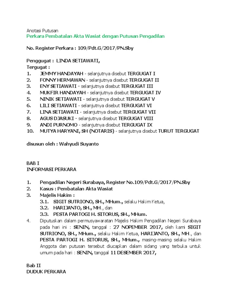 Perkara Pembatalan Akta Wasiat Dengan Putusan Pengadilan | PDF