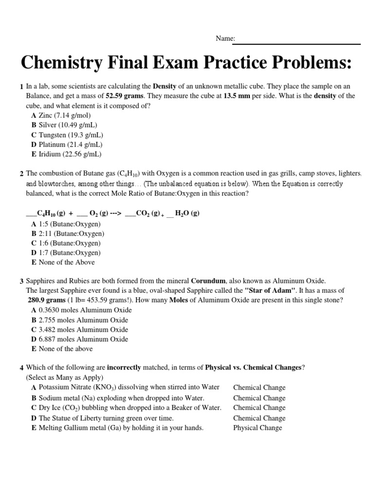 Chemistry+Final+Exam+Practice+Problems,+Set+I+ (Dec +2022) | Download ...