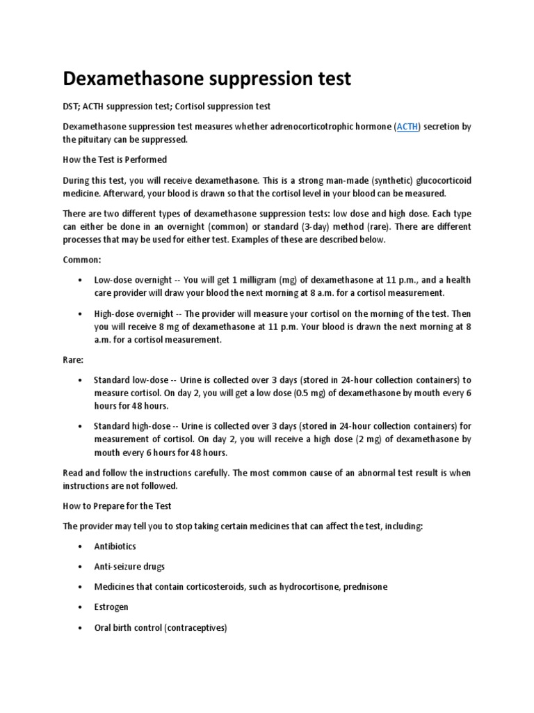 Dexamethasone Suppression Test | PDF | Cortisol | Adrenocorticotropic ...