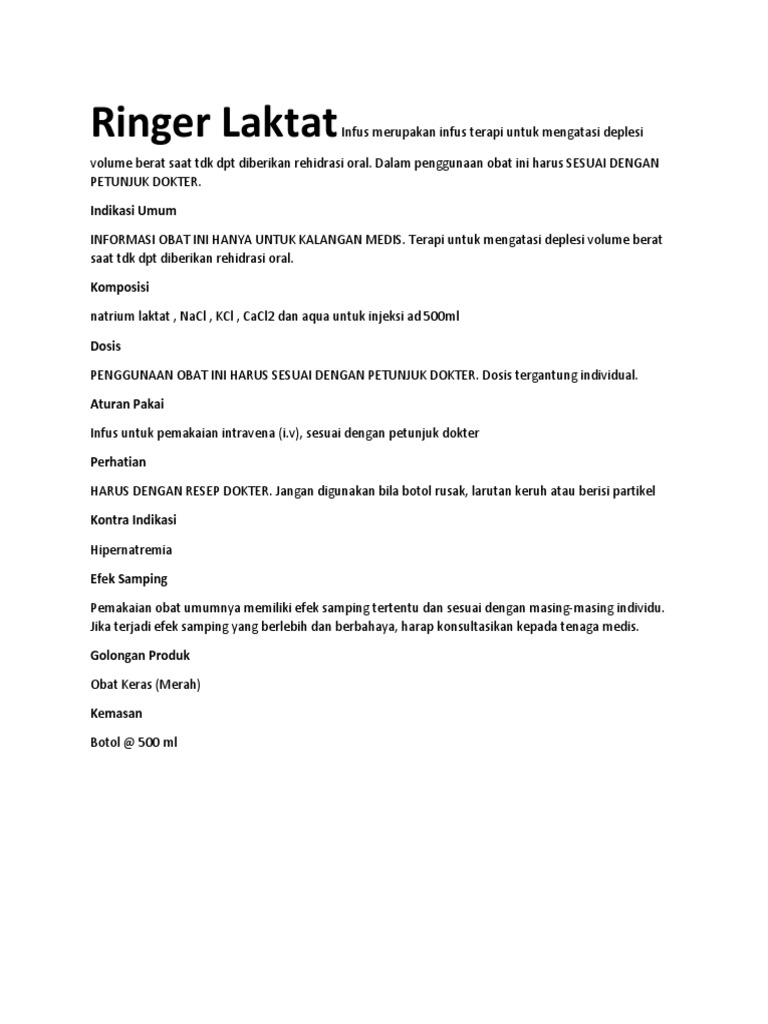 Ringer Laktat: Indikasi Umum | PDF