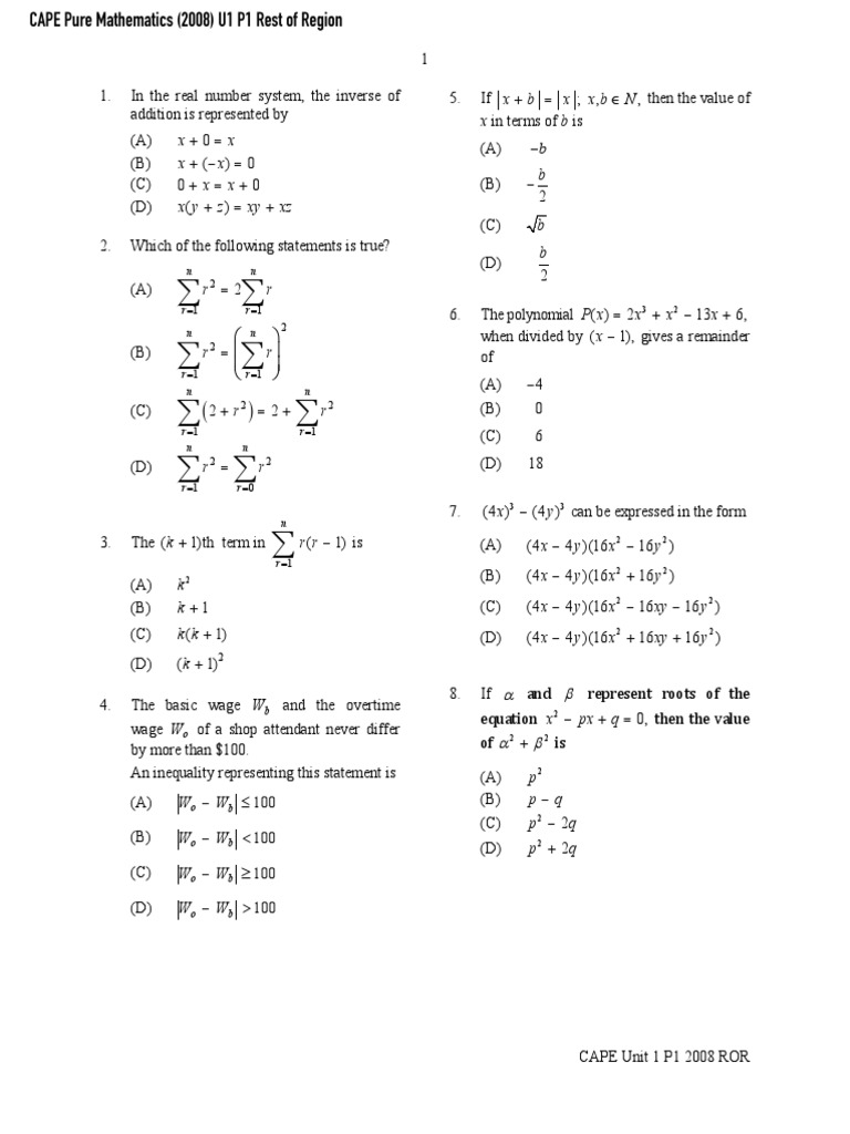 CAPE Pure Mathematics Unit One Paper Ones | PDF | Circle | Equations