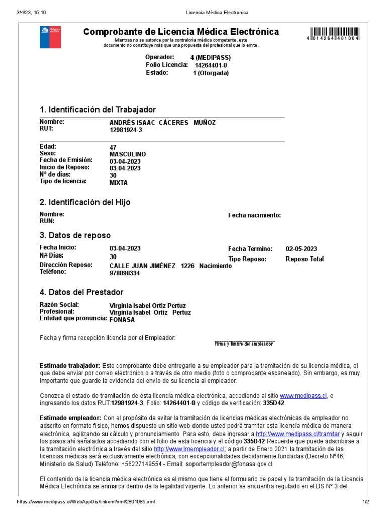 Comprobante de Licencia Médica Electrónica: 1. Identificación Del Trabajador | PDF