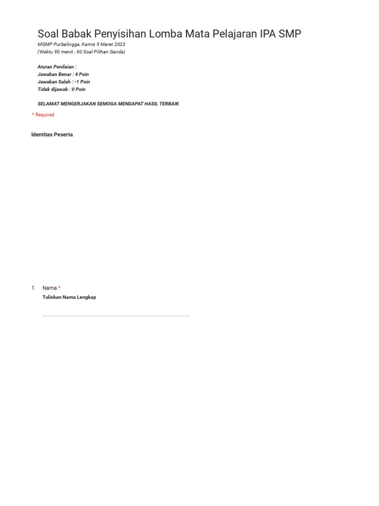 Soal Babak Penyisihan Lomba Mata Pelajaran IPA SMP - Google Forms | PDF