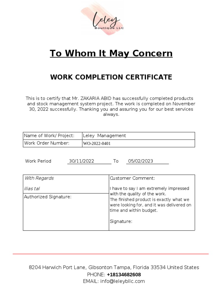 Work Completion Certificate | PDF