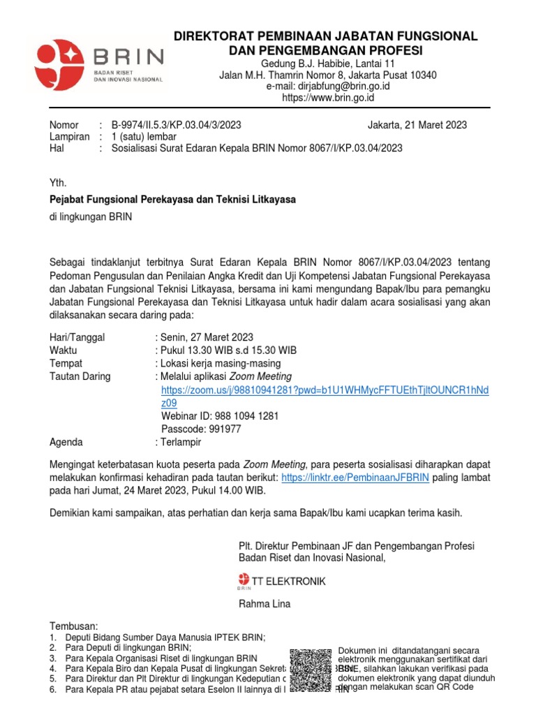 Undangan Sosialisasi SEPenilaian Kinerja JFPerekayasadan Litkayasa Lingkungan BRIN | PDF