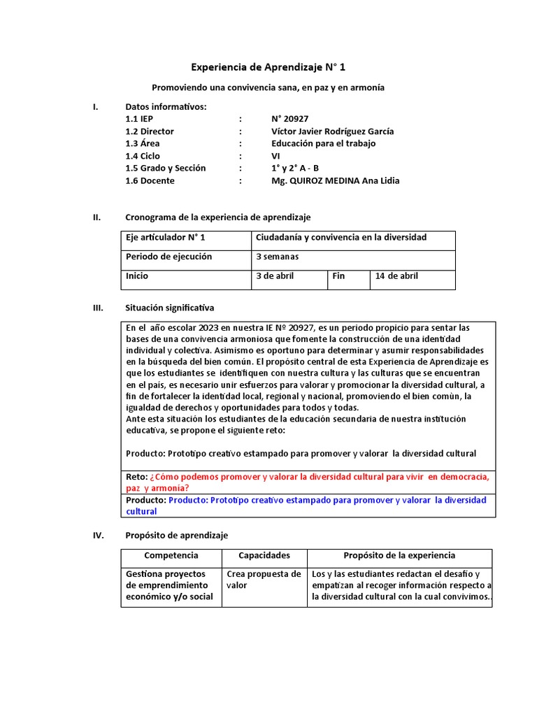 Experiencia de Aprendizaje #1 | PDF | Evaluación | Iniciativa empresarial
