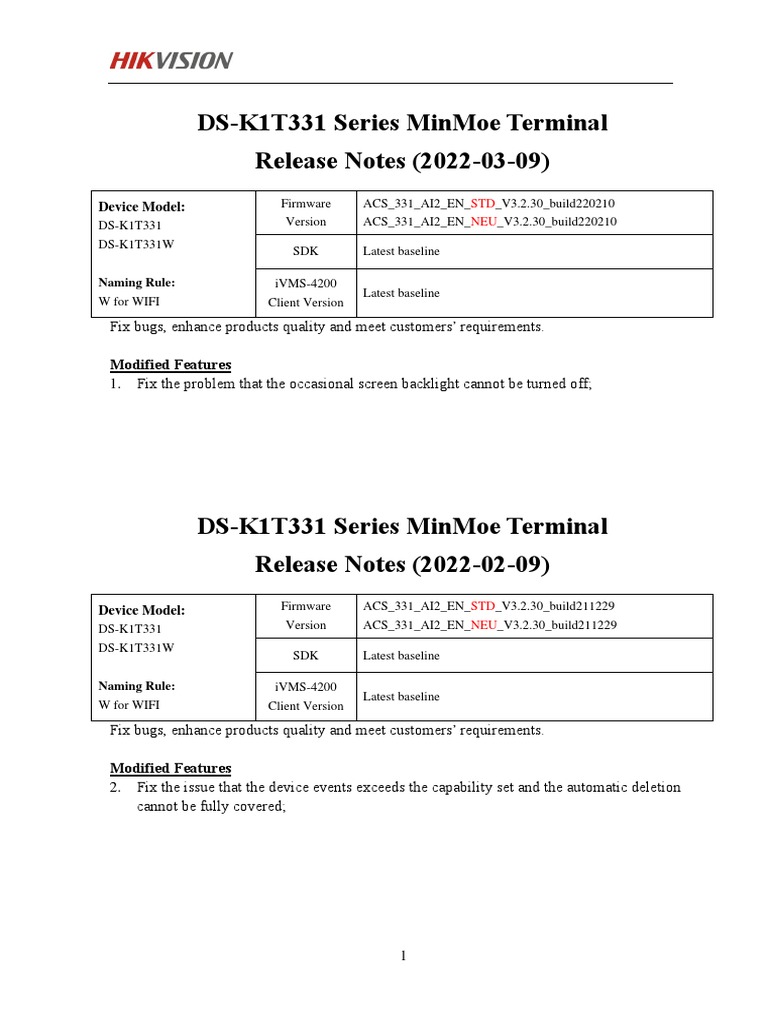 DS-K1T331 Series MinMoe Terminal Release Notes V3.2.30 Build220210 ...