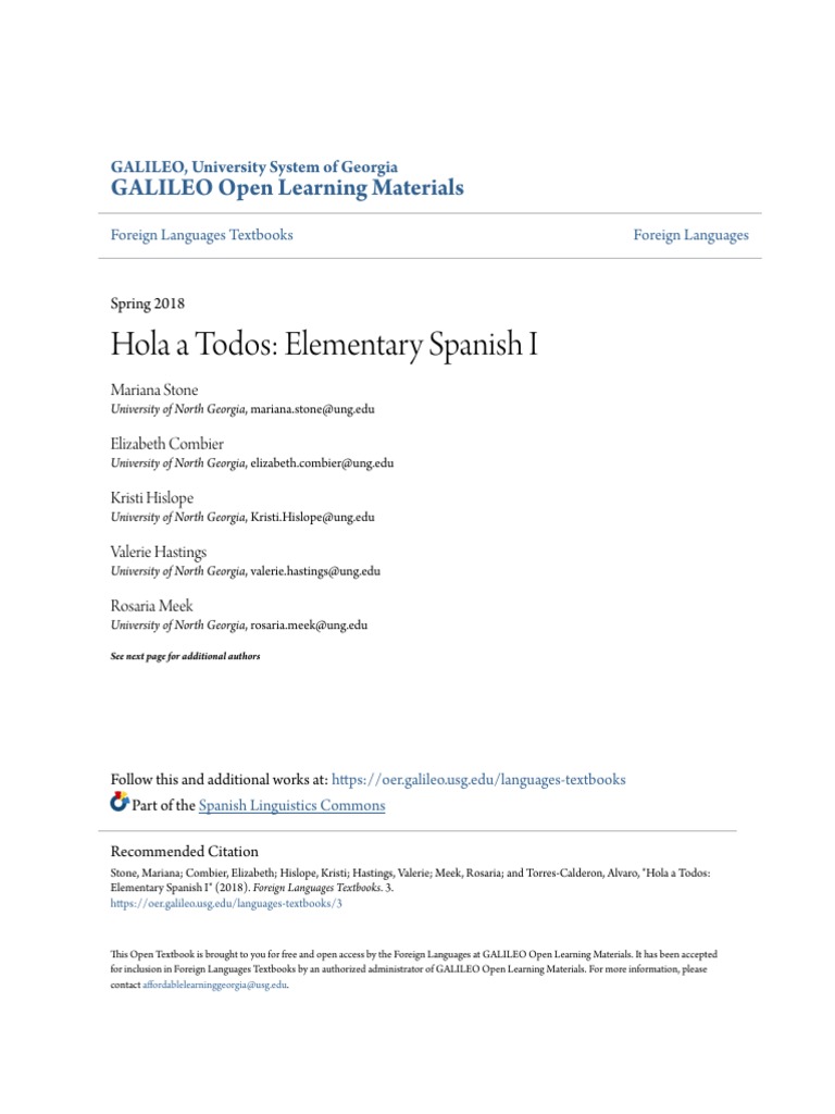 Hola A Todos: Elementary Spanish I: GALILEO Open Learning Materials | PDF