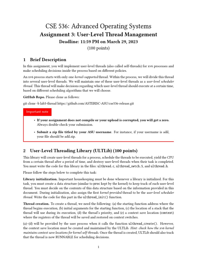 _Advanced_OS__Assignment_3__Thread_Management-1 | PDF | Thread (Computing) | Scheduling (Computing)
