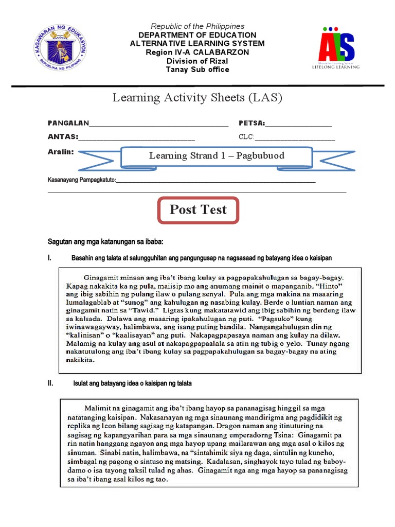 Learning Activity Sheets (LAS) : Post Test | PDF
