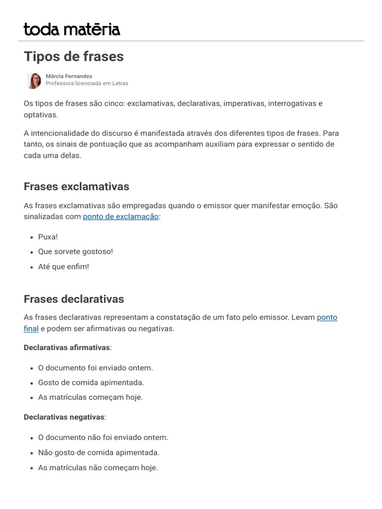 Tipos de Frases - Exclamativas, Declarativas, Imperativas, Interr | PDF