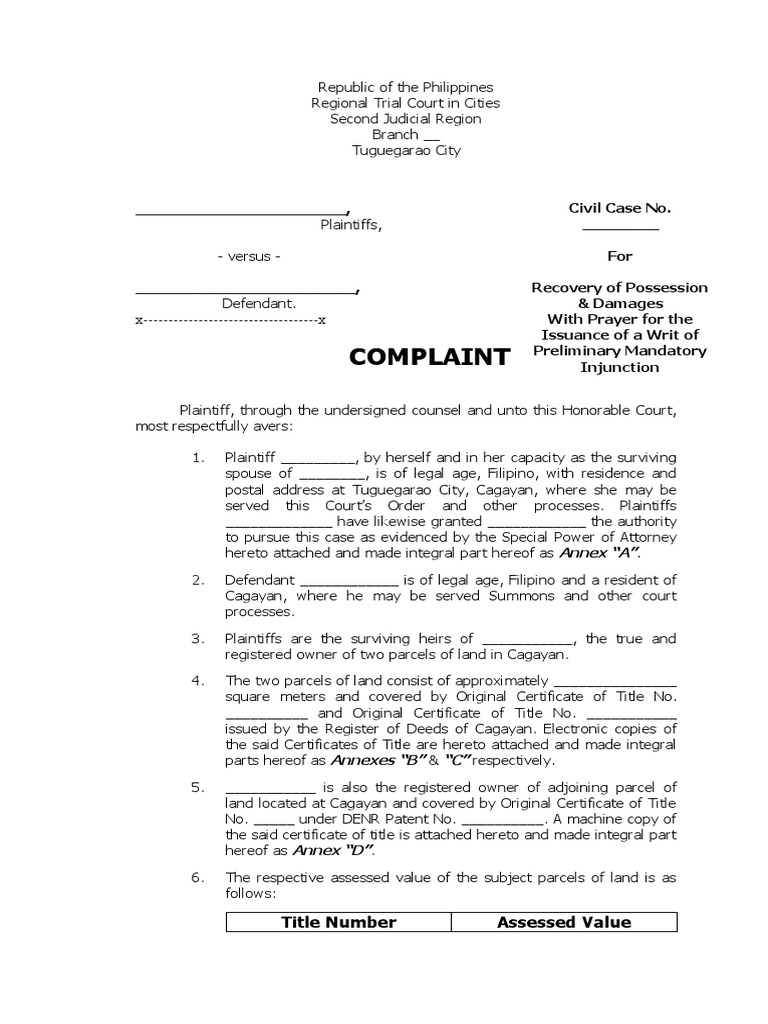 Complaint For Recovery of Possession | PDF | Lawsuit | Injunction