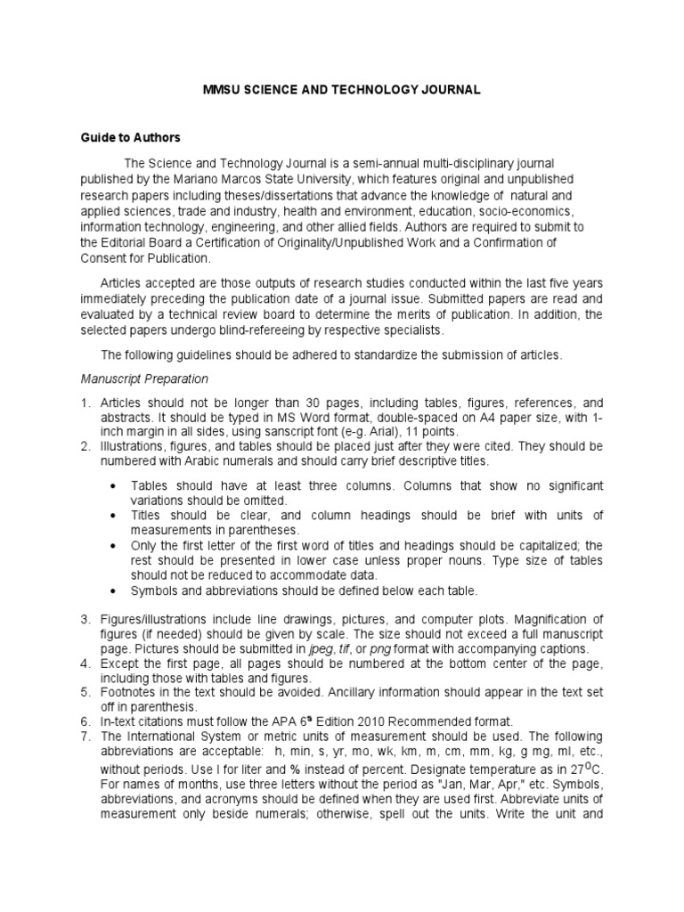 Mmsu Science and Technology Journal Guide To Authors: Manuscript Preparation | PDF