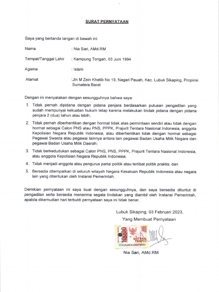 Surat Pernyataan | PDF