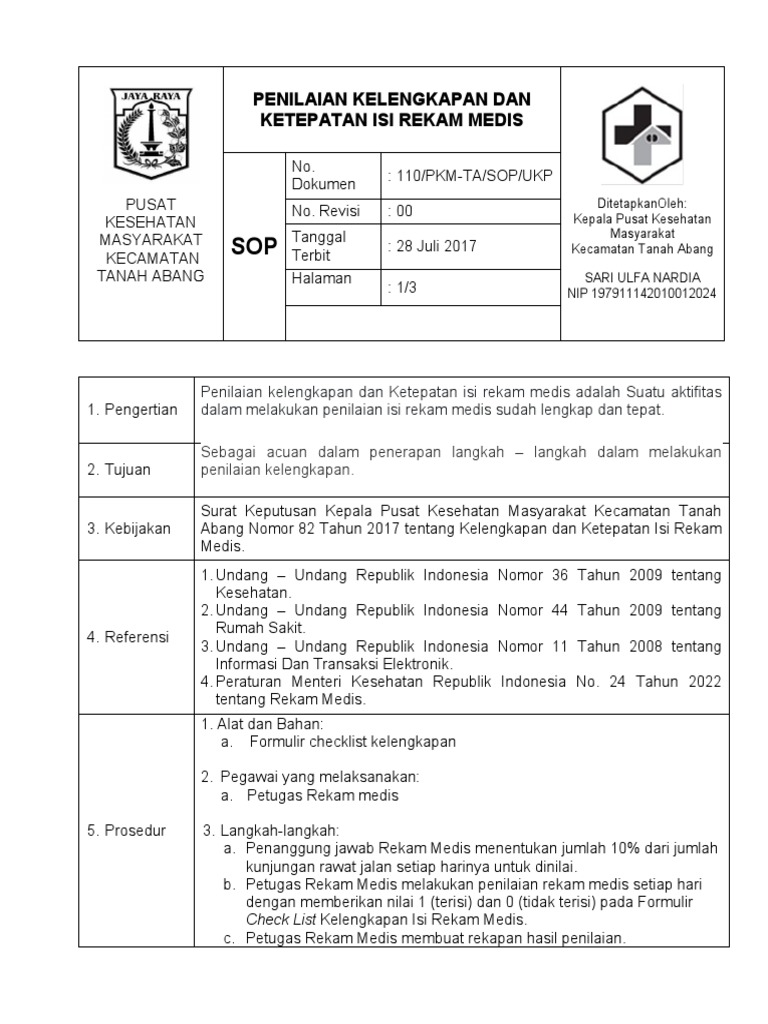 Sop Penilaian Kelengkapan Dan Ketepatan Isi RM | PDF