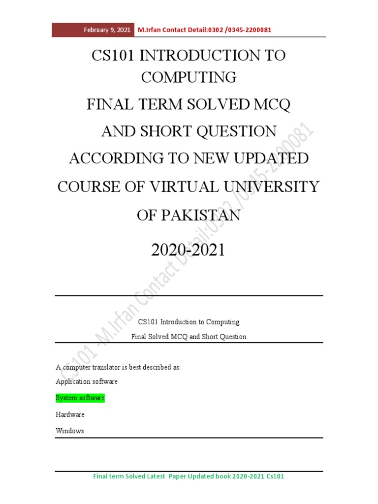 cs101 Final Solved MCQ-2 | PDF | Microsoft Excel | Computer Program