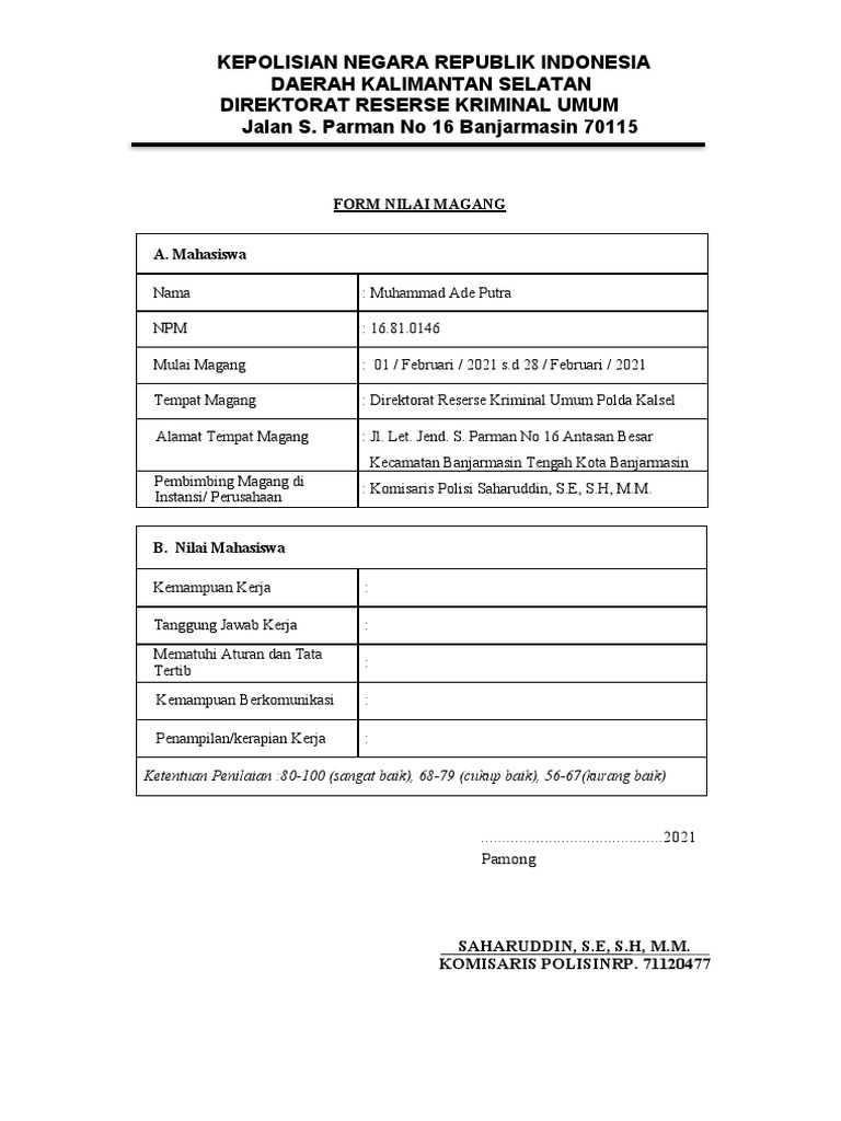 Form Nilai Magang Instansi Tempat Magang | PDF