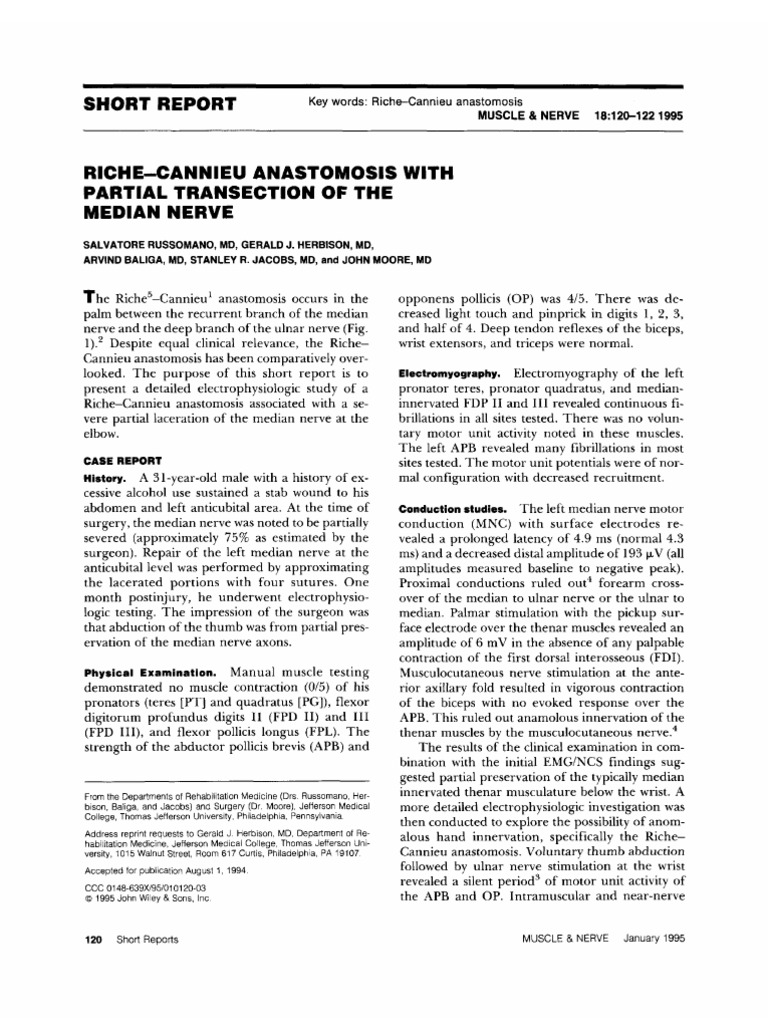 Riche-Cannieu Anastomosis With Partial Transection of The Median Nerve ...