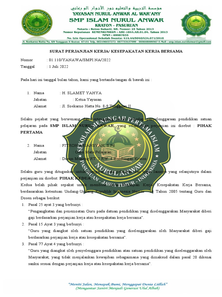Surat Perjanjian Yayasan Dengan Guru | PDF