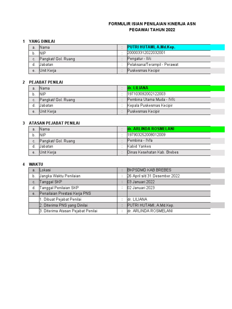 1 Yang Dinilai: Formulir Isian Penilaian Kinerja Asn Pegawai Tahun 2022 ...