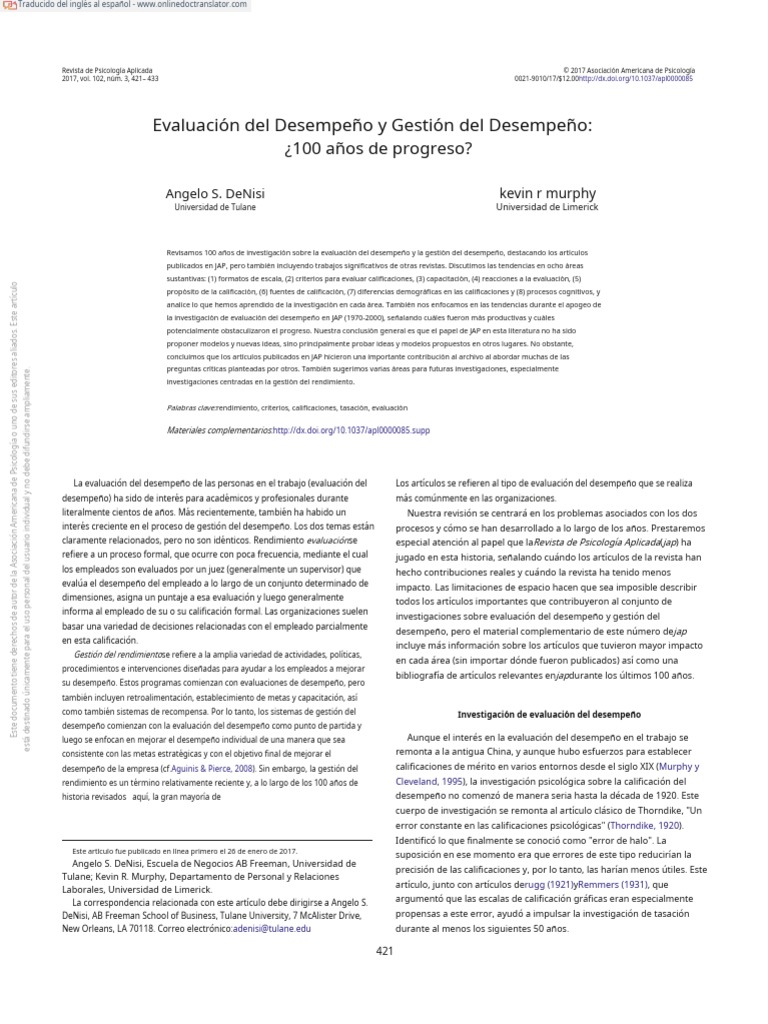 DeNisi, A. S., Murphy, K. R. (2017) .En - Es | PDF | Evaluación | Sicología