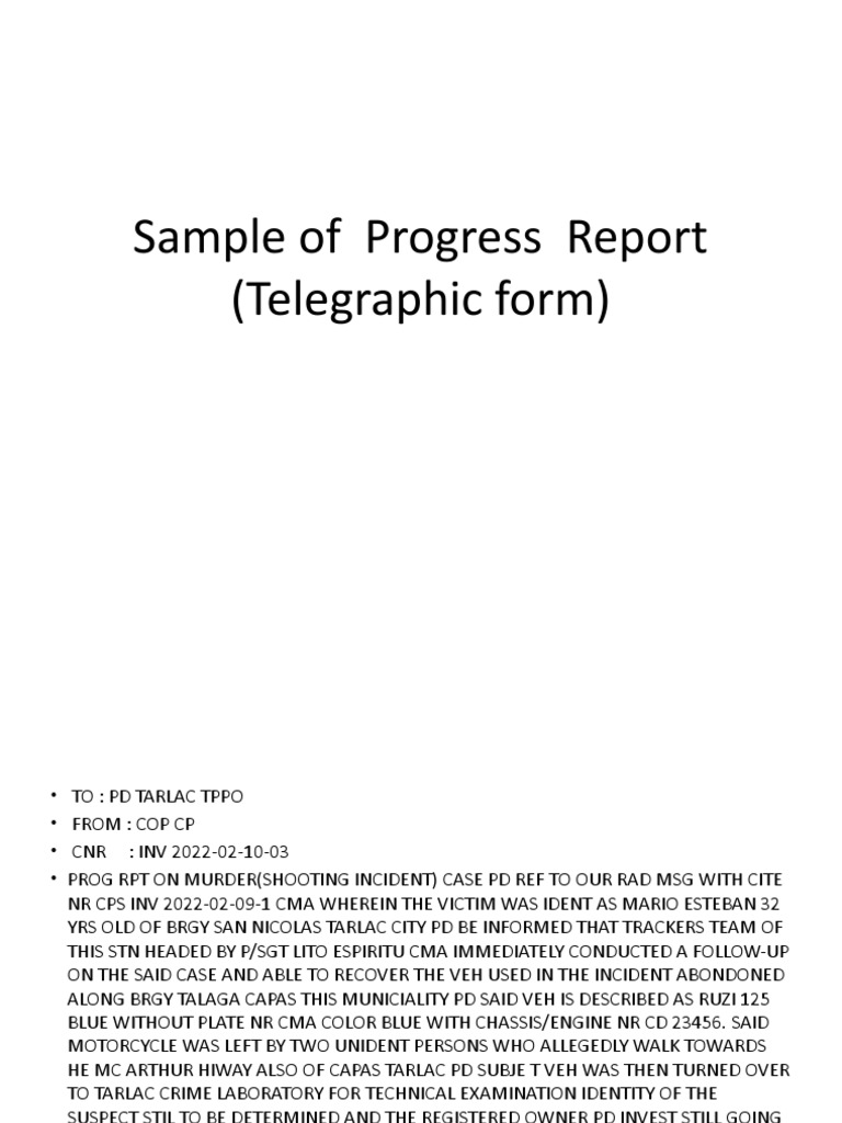 Sample of Progress Report Telegraphic Form | PDF | Crimes | Crime ...