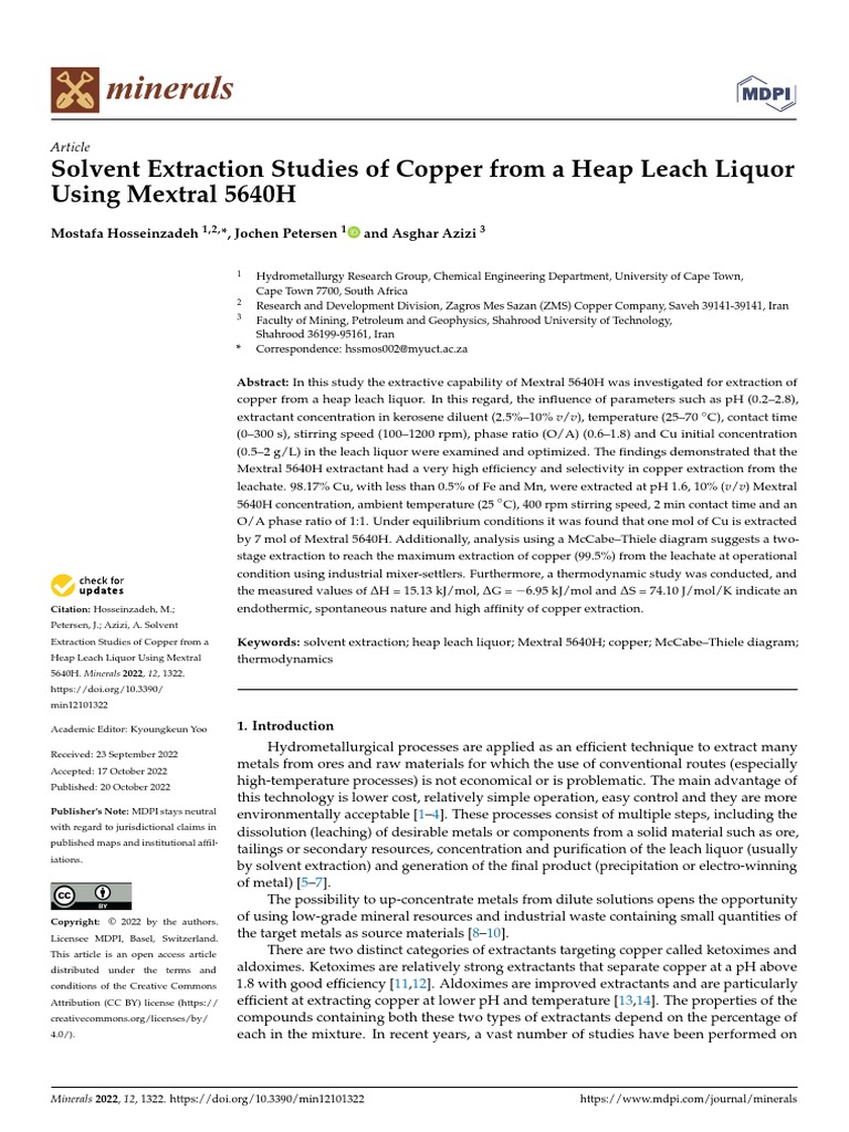 Minerals: Solvent Extraction Studies of Copper From A Heap Leach Liquor ...