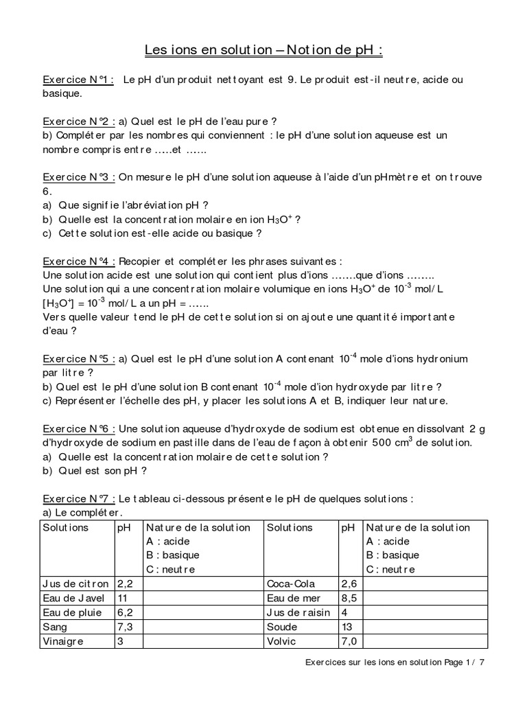 Exercices sur les ions en solution | PDF | Ph | Ion