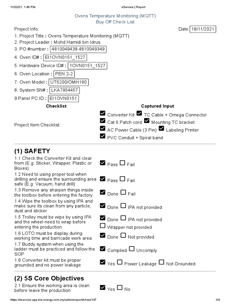 Safety: Ovens Temperature Monitoring (MQTT) Buy Off Check List | PDF ...