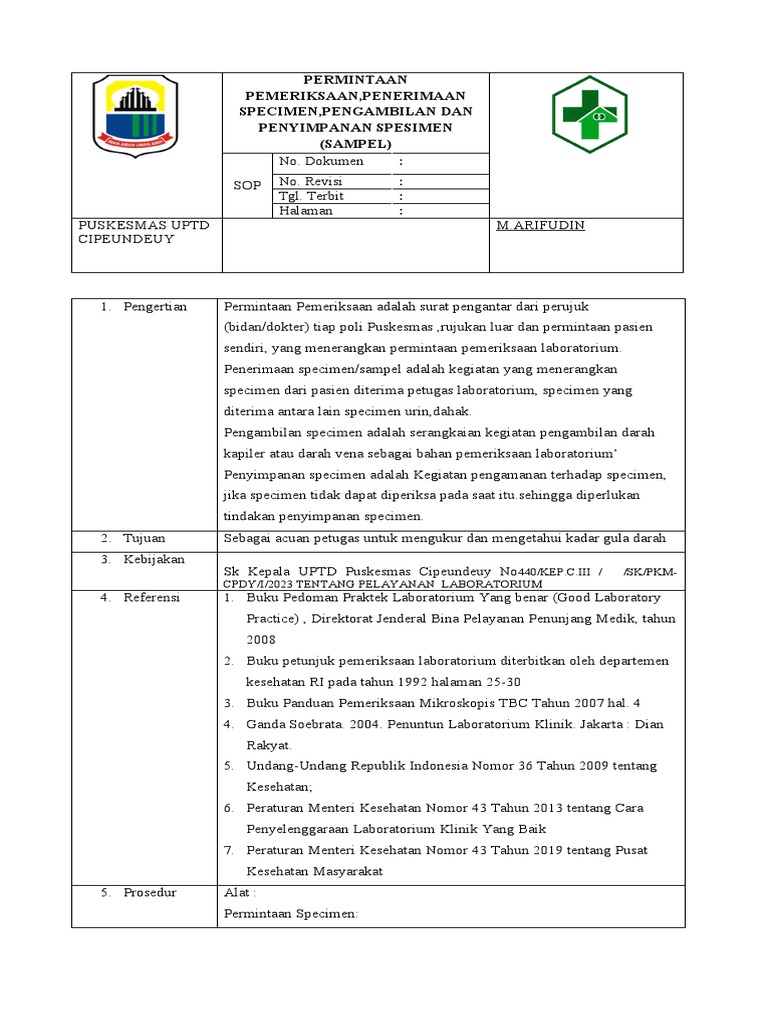 Sop Permintaan Pemeriksaan, Penerimaan Specimen, Pengambilan Dan Penyimpanan Spesimen (Sampel) | PDF