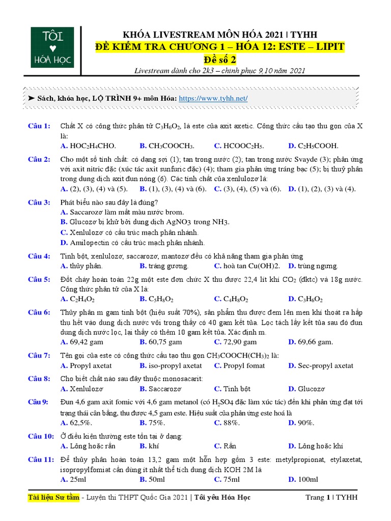 ĐỀ KIỂM TRA CHƯƠNG 1 - ESTE - LIPIT (đề số 2) | PDF