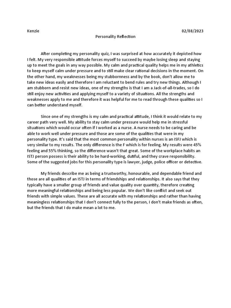 Personality Reflection | Download Free PDF | Personality Type | Nursing