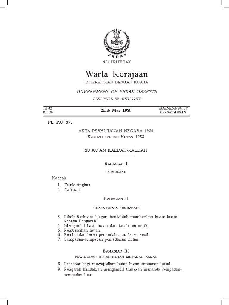 Kaedah-Kaedah Hutan Perak 1988 Gazetted - Jabatan Perhutanan | PDF