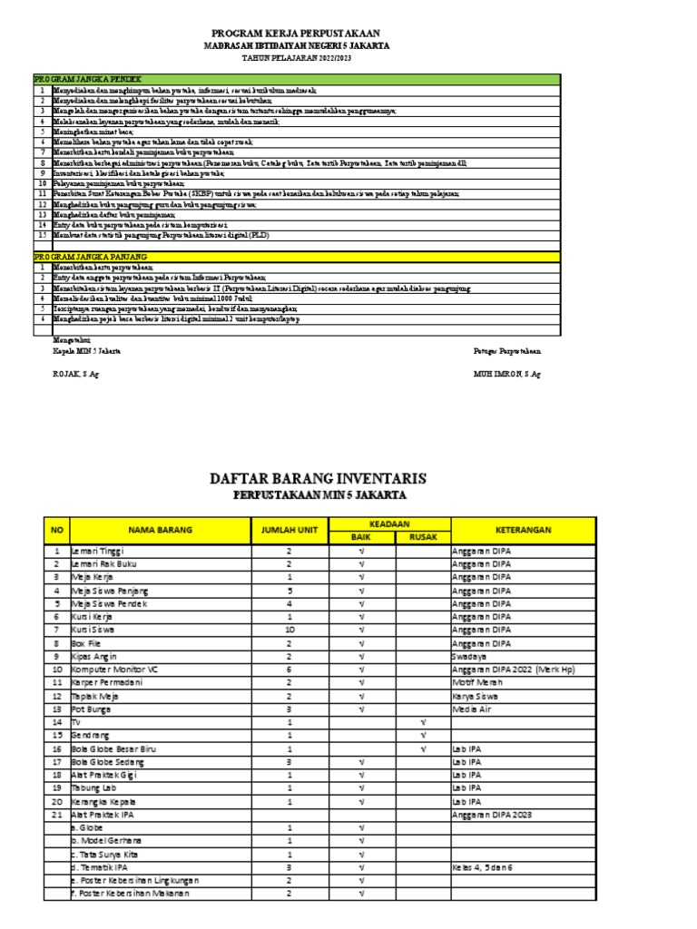 Program Kerja Perpustakaan Min 5 Jakarta | PDF