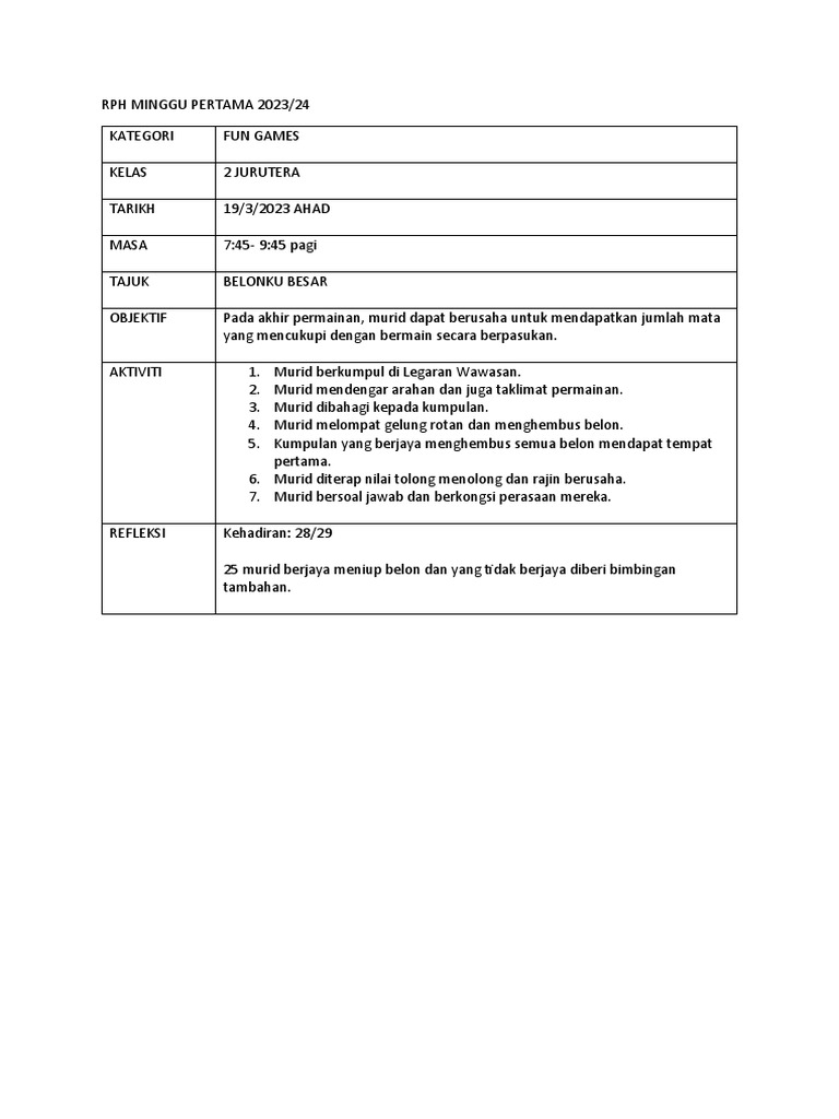 RPH 2023 MINGGU 1 Transisi Tahun 1 | PDF