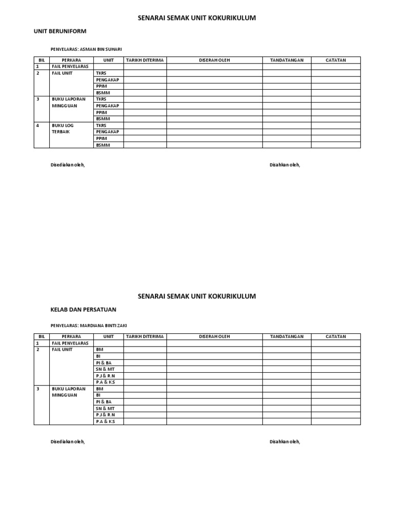 Senarai Semak Unit Kokurikulum | PDF Senarai Semak Unit Kokurikulum | PDF
