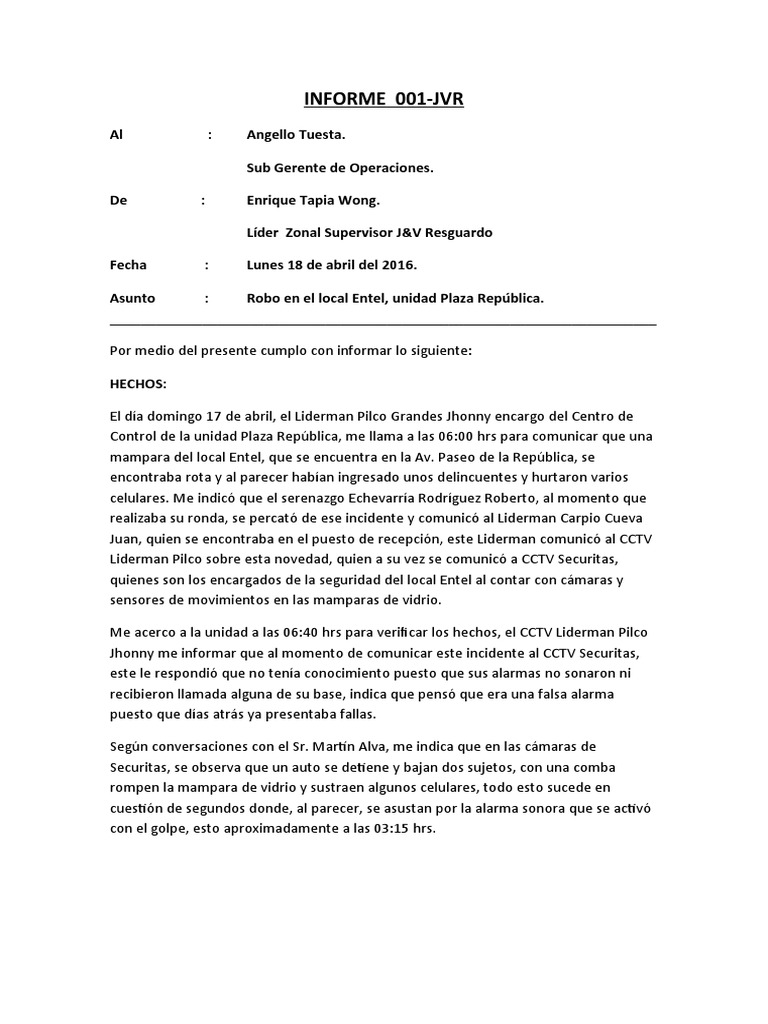 Informe Robo en La Unidad Plaza República | PDF