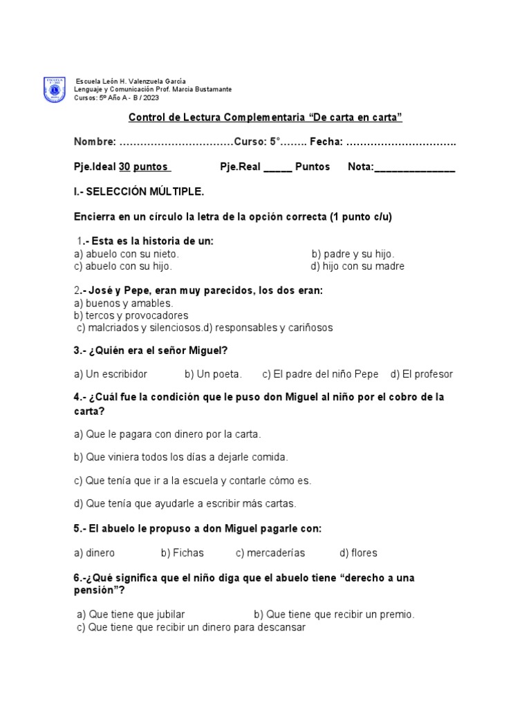 Prueba de Carta en Carta Quintos Años | PDF