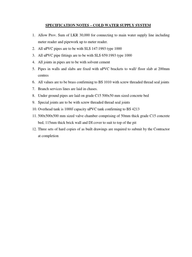 Cold Water Supply System Specifications | PDF
