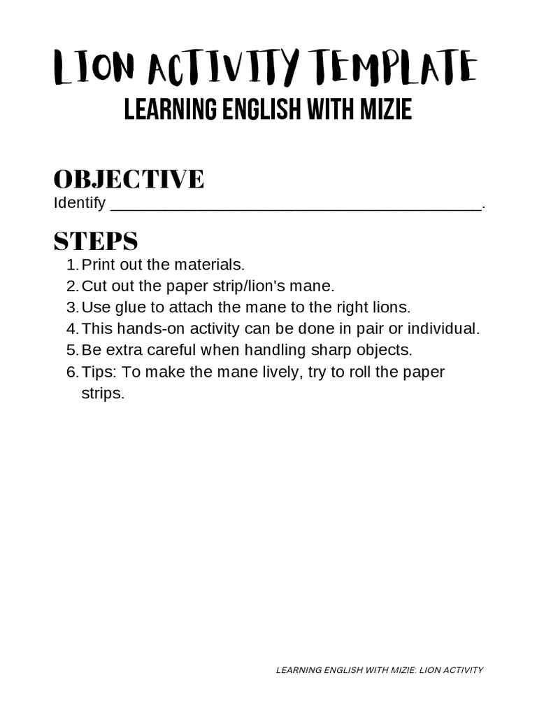 Learning English With Mizie: Lion Activity Template | PDF