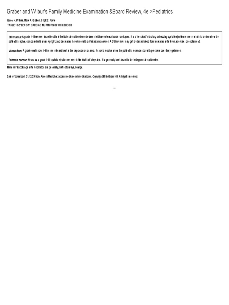 Table 13-2 - Benign - Cardiac Murmurs of Childhood | PDF Table 13-2 - Benign - Cardiac Murmurs of Childhood | PDF