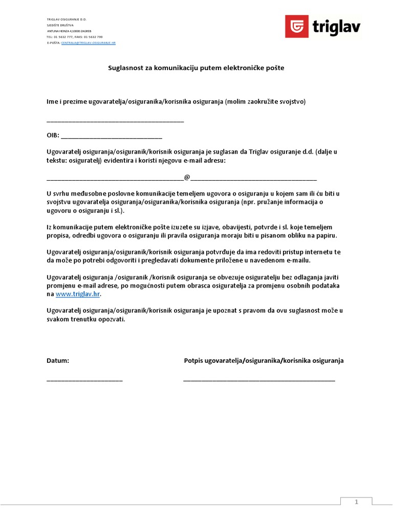 Suglasnost Za Komunikaciju Putem Elektroničke Pošte: WWW - Triglav.hr | PDF